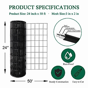 FOREHOGAR Black PVC Coated Welded Wire Fence 24 Inch x 50 Foot, 2 Inch x 3 Inch 16GA, Garden Border Fencing Roll Vinyl Coating Metal Wire Mesh for Yard Vegetable Plant Protection Poultry Netting