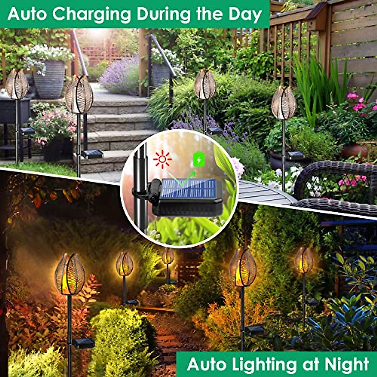TomCare Solar Lights Outdoor Flickering Flame Solar Garden Lights Metal Flower Lights with Stake Solar Powered Decorative Solar Pathway Lights Waterproof Garden Decor for Outside Yard Patio, 2 Pack