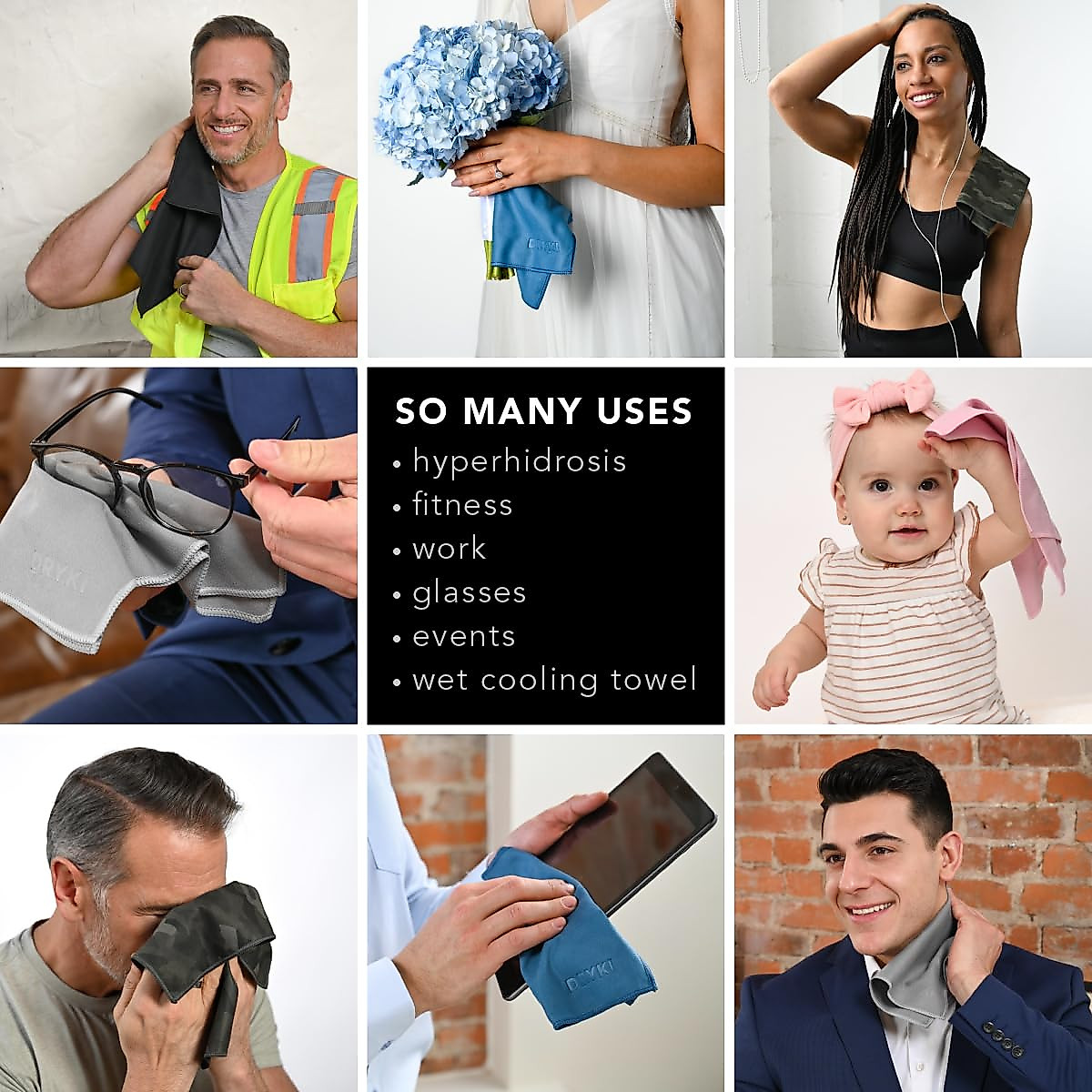 DRYKI Sweat Absorbing Handkerchiefs - The Original Sport Microfiber Hankies for Wicking Sweat from Hands, Face, Body (Classic Black, 5 Pack)