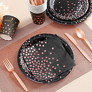 Black and Rose Gold Party Supplies 169 Pieces, Rose Gold Dot Black Paper Plates, Napkins, Cups, Cutlery, Banner for Graduation, Birthday, Cocktail Party, Retirement Party, Serve 24