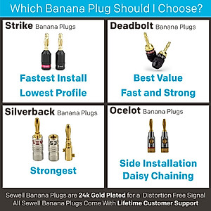 Sewell Silverback Banana Plugs, 24k Gold Dual Screw Lock Speaker Connector, 12 Pairs