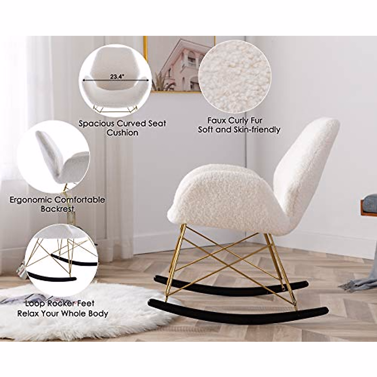 White Rocking Chair Faux Fur Soft Fabric Rocker Chair for Nursery Recliner Lounge Chair Modern Indoor Armchair for Living Room Bedroom