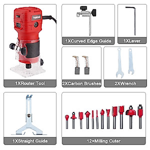 TEENO Wood Router, 650W 110V Compact Router Tools for Woodworking, 32000 RPM Hand Trim Router with 12 Pcs 1/4" Router Bits Set, 6 Variable Speeds, Edge Guide, Roller Guide and Portable Tool Box