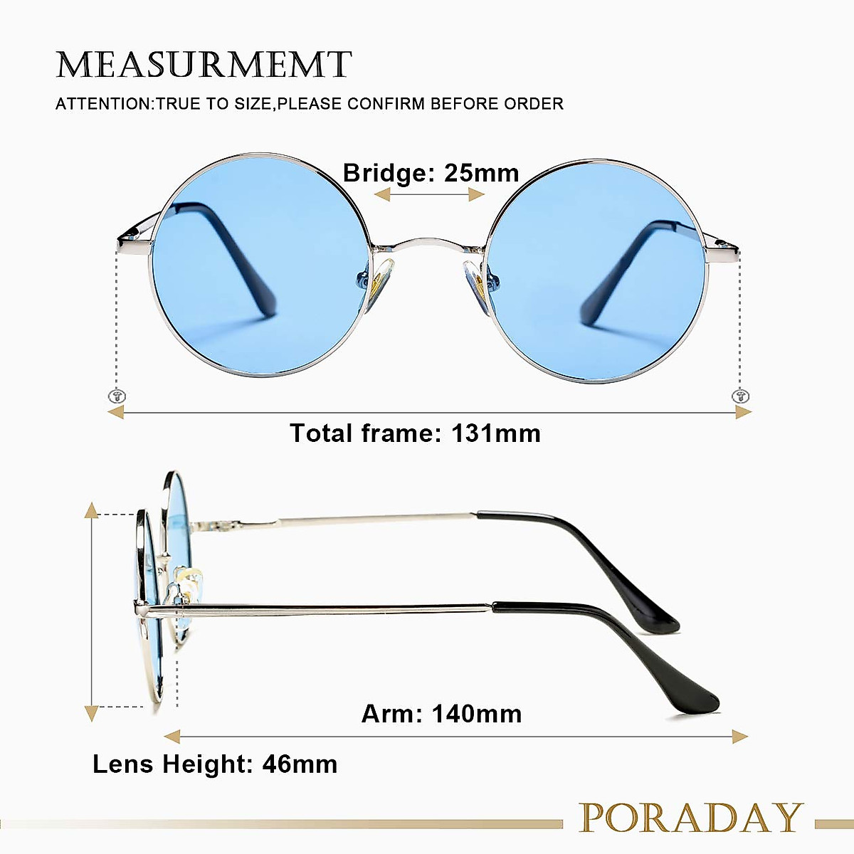 PORADAY Circle Lennon Glasses Retro Round Polarized Sunglasses Hippie Style Small Circle Sun Glasses (Silver/Clear Blue)