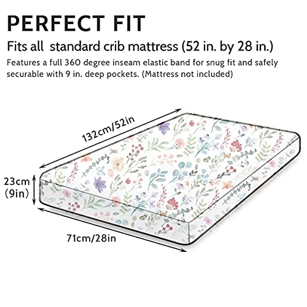 Baby Fitted Crib Sheet Soft and Breathable Polyester for Standard Crib and Toddler Mattresses, White Watercolor Floral, for Boys and Girls