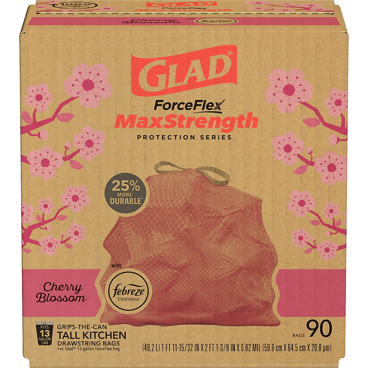 GLAD ForceFlexPlus Tall Kitchen Drawstring Trash Bags, 13 Gallon Pink Trash Bag for Kitchen Trash Can, Cherry Blossom Febreze Freshness and Leak Protection, 90 Count