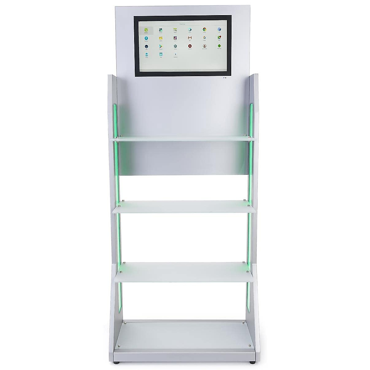 Displays2go LED Gondola with Digital Screen, Built-in Speaker, Four Shelves - Silver (SMFSDDSLED)