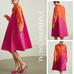 L Red Polka Dots Women's Casual Shirt Dress Shirt Collar Long Sleeve Shift Midi Dresses Fashion Office Daily Loose Print Dress with Pockets