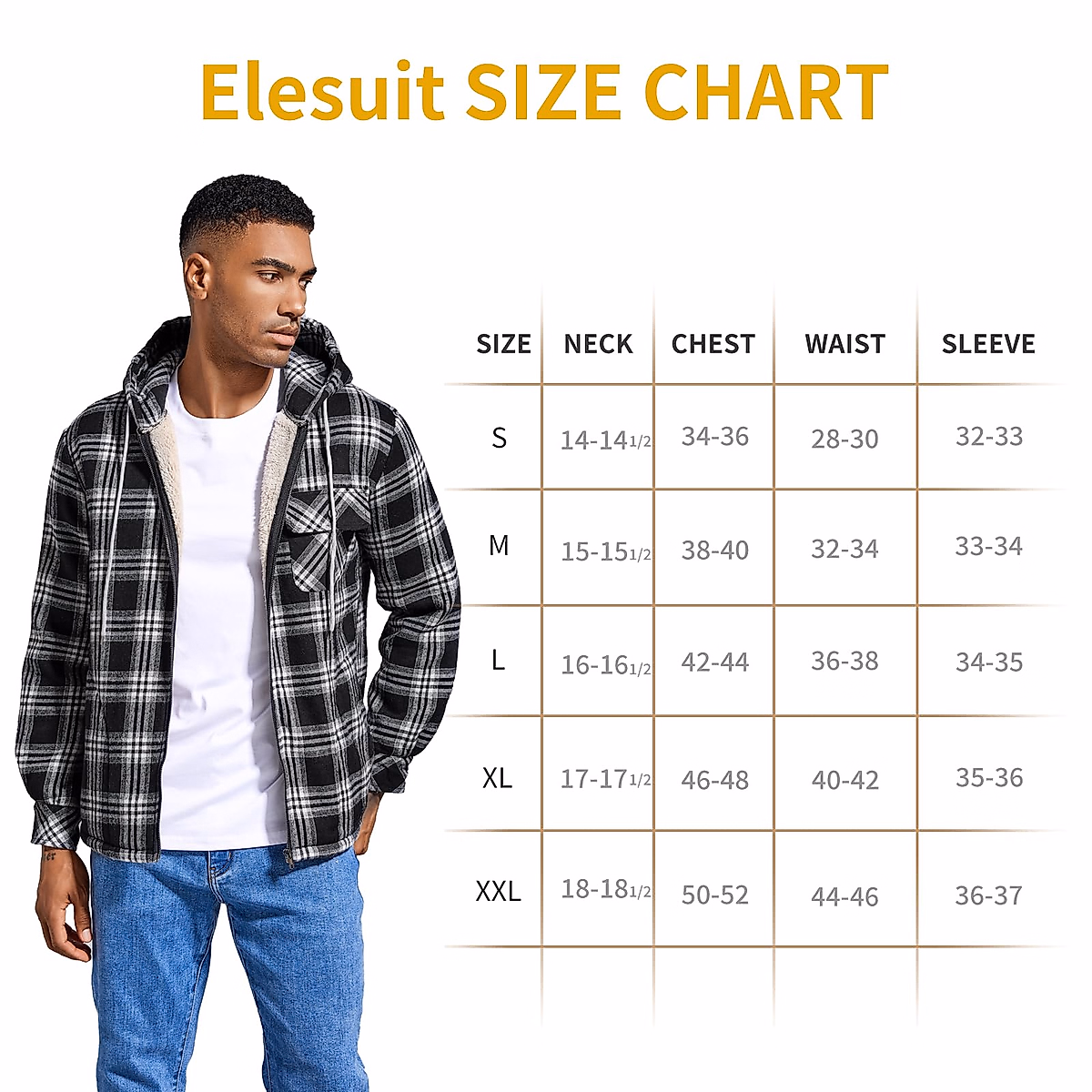 Elesuit Men's Flannel Shirt Jacket Plaid Full Zip Hoodie Fleece Lightweight Jacket Warm Winter Casual Thick Coats Black Large