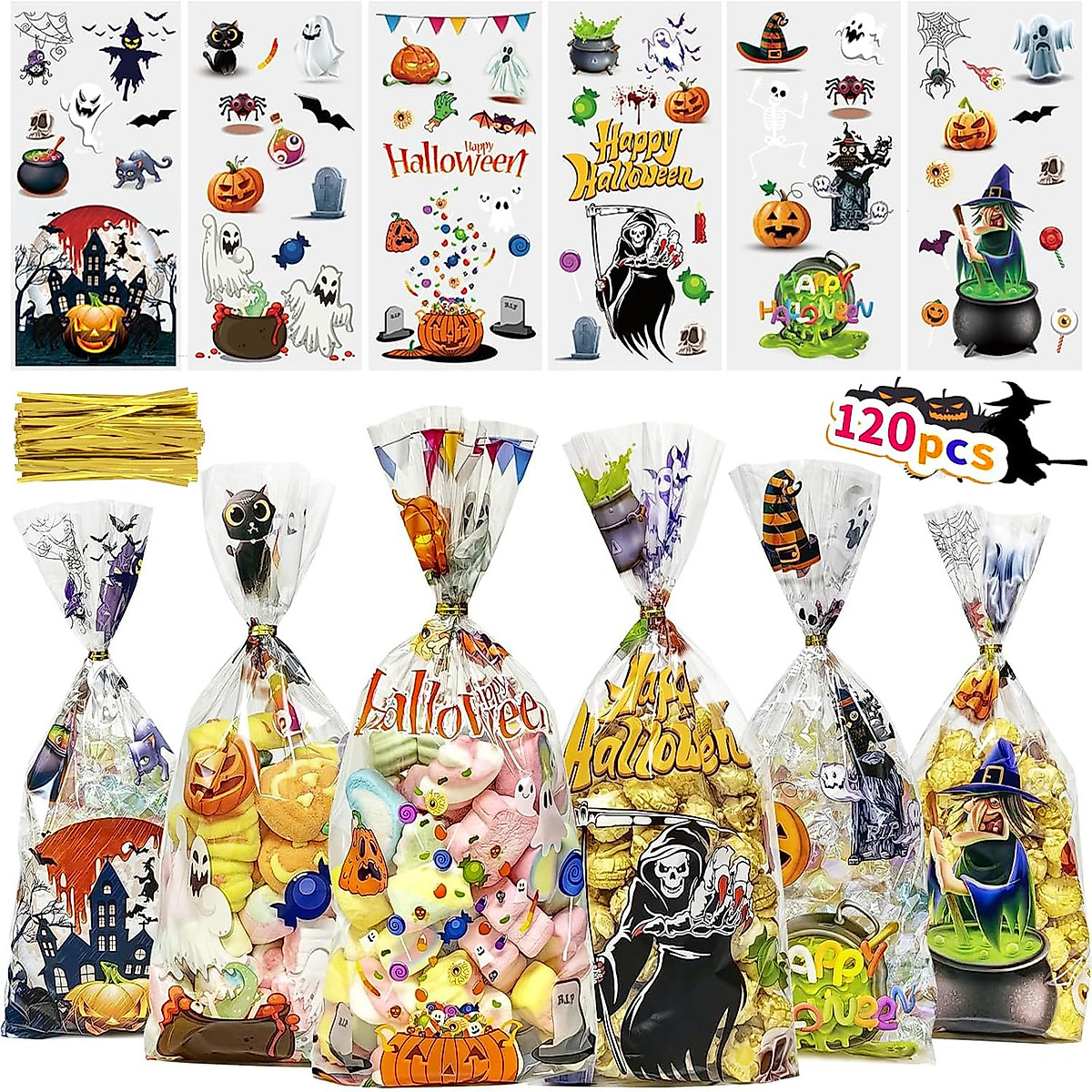 WZWXXQ 120 Pcs Halloween Cellophane Treat Bags,Halloween Candy Bags with 140 Pcs Gold Twist Ties, Trick or Treat Goodie Bags for Halloween Party Supply-10.6 * 5.1 inch
