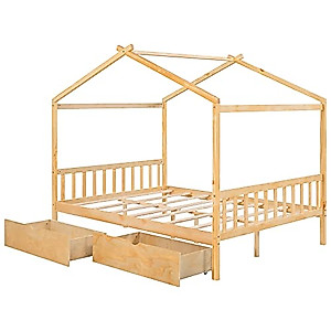 RUNWON Full Size House Platform Bed with Two Drawers,Headboard and Footboard,Roof Design for Kids Adults Bedroom