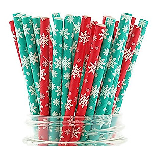 Snowflake Party Straws (50 Pack - Red & Teal) - Winter Holiday Christmas Party Supplies, Snowflake Paper Straws, Snowman / Red & Green Frozen Party Decorations