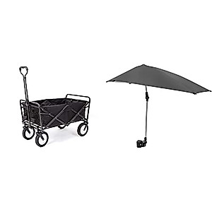 MacSports Collapsible Folding Outdoor Utility Wagon (Black) and Sport-Brella Versa-Brella SPF 50+ Adjustable Umbrella (Gray)