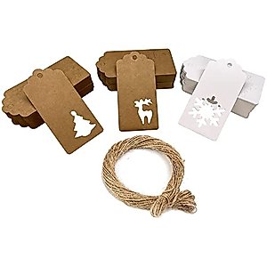 LQBZA 150 Pcs Christmas Gift Tags, 3 Styles for DIY Xmas Present Wrapping Kraft Gift Tags Snowflake Reindeer Christmas Tree Hanging Labels with 20m Jute Twine String (White & Brown) (LQ000708001)