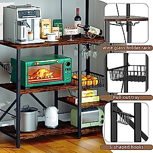 JAMFLY Kitchen Bakers Rack with Power Outlet, Coffee Bar Cabinet, Kitchen Cart, Large Microwave Stands Cart with 6 S-Shaped Hooks, Wine Glass Holder and Basket (35.43'', Rustic Brown)
