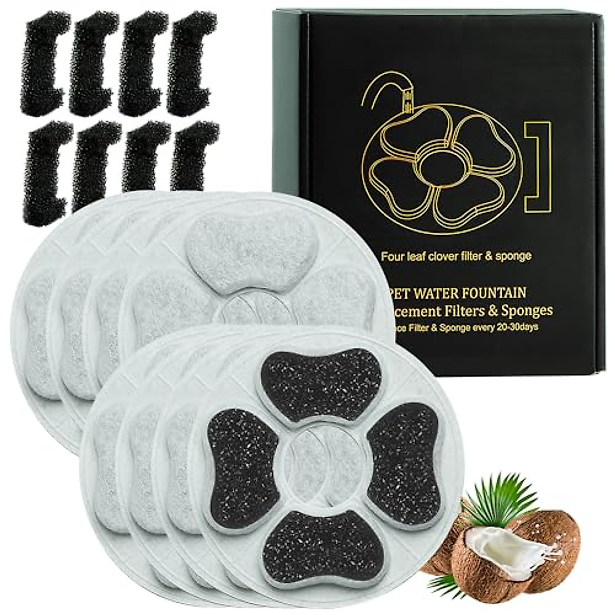 QUALITY ENVY 8 Filters & 8 Sponges Replacement Pack | Food Grade Fabric and Coconut Carbon | Cat & Dog Water Fountain Filters | Pet Water Dispenser Filter for Cats & Dogs