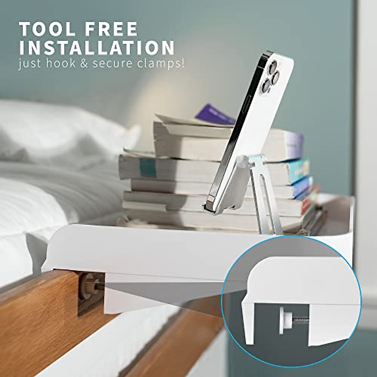 Bedside Shelf for Bunk Beds, Lofts & Bed Frames - Heavy Duty Storage Table and Tray Fits Laptops, Book & Drinks - Great for Students College Dorm Room & Kids Bedroom to Replace Nightstand (White)