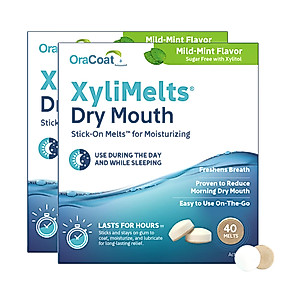 OraCoat XyliMelts Dry Mouth Relief Moisturizing Oral Adhering Discs 40 Count, 2 Pack, Mild Mint with Xylitol, for Dry Mouth, Stimulates Saliva