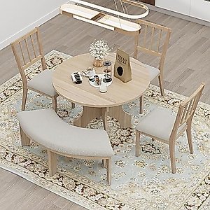 Linique 5-Piece Dining Table Set, 44" Round Dining Table with Curved Bench & Side Chairs for 4-5 People for Dining Room and Kitchen (Natural Wood Wash)