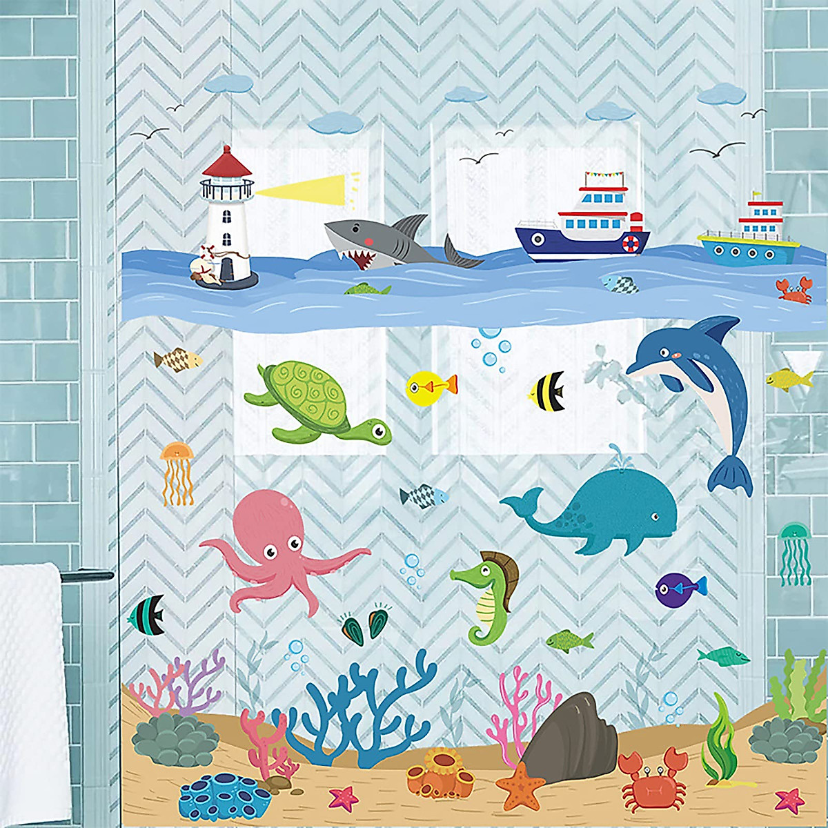 Cartoon Octopus Turtle Whale Grass Seaweed Wall Decals, Under The Sea Wall Decal Stickers, Removable Vinyl Baby Nursery Wall Decor Mural Art for Kids Girls Boy Nursery Bedroom Bathroom