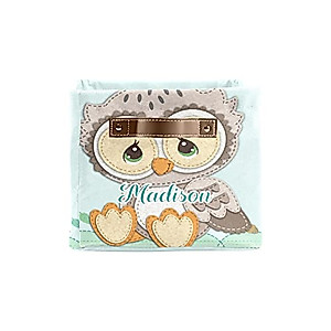 Woodland Owl Green Foldable Custom Personalized Name Storage Bins Basket Cubic Clothes Supplies Organizer,Durable Handle