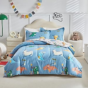 Kids Cotton Comforter Set for Boys Girls Reversible Car Bus Style White 3 PC Bedding Set with Blue Yellow Green Cars Colorful Teens Comforter with Pillow Shams Full Queen 88x88