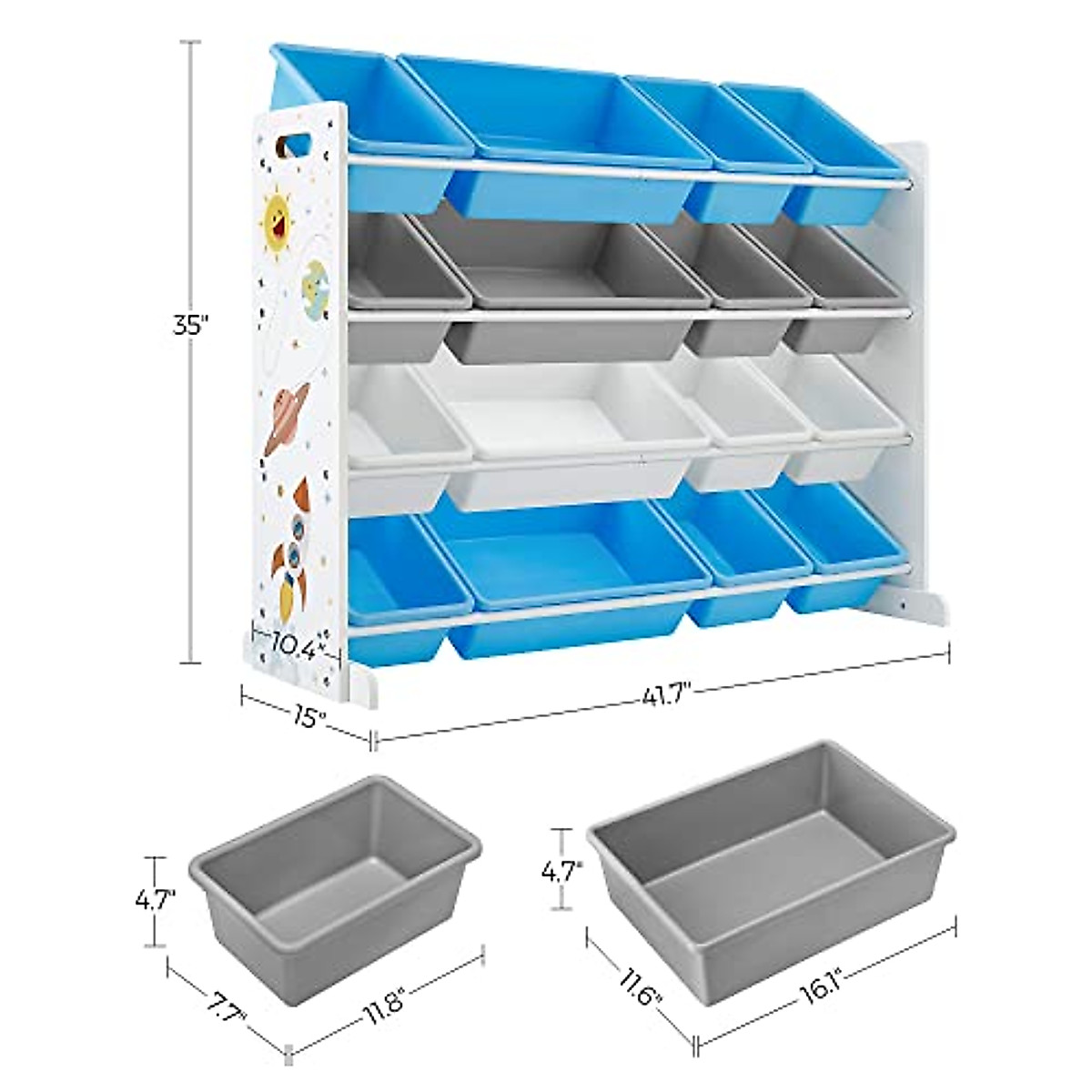 SONGMICS Kid's Large Toy Storage Unit with 16 Removable Bins, for Playroom, Children’s Room, 41.7", Space Theme