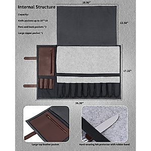 DEQIS Knife Roll Chef Waxed Canvas Bag Storage 13 Slots and 1 Large Zipper Pocket Carry Shoulder Strap Handle and Name Card Professional Folding Cooking Tools Case Organizer,Knives Not Included,Black