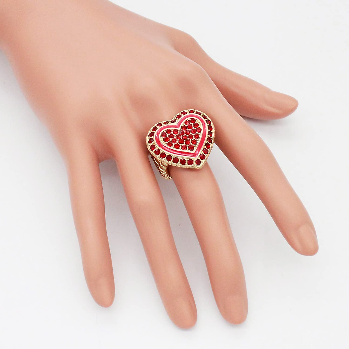 Lavencious Heart Shaped Rhinestones Stretch Rings for Women Size for 7-9(Red)