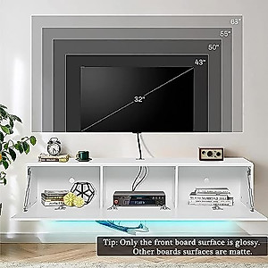 HOMMPA Floating TV Stand with Led Light for 63 Inch TVs Wall Mounted Led Entertainment Center with High Gloss Storage Modern Floor White Mounted Media Console for Living Room