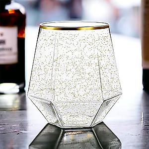 Oojami 40 count Diamond Unbreakable Stemless Plastic Wine Champagne Whiskey Glasses Durable Disposable Indoor Outdoor Ideal for Home Bars, Wedding 12 Ounce Cups (Gold Rim - Gold Glitter)