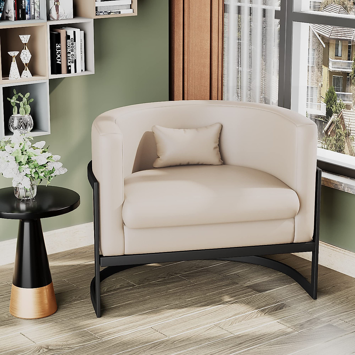 Apeaka Faux Leather Accent Chair Modern Barrel Chair Upholstered Armchair for Living Room Bedroom Single Sofa Chair Club Chairs Beige