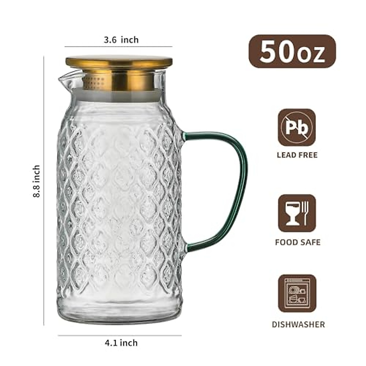 Buaic Glass Pitcher with Lid,50 oz/1.5L Liter Vintage Water Pitcher, Clear Borosilicate Glass Water Carafe for Cold Brew, Coffee, Lemonade, Iced Tea, Juice, Beverage, Heat Resistant Water Glass Jug
