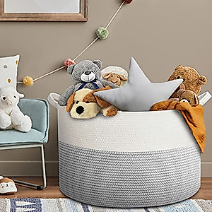 MXMHOME Large Woven Rope Basket With Handles Basket for Blankets for Living Room Large Baby Cat Dog Toy Storage Basket Wicker Woven Big Round Laundry Basket Hamper (23.6”x14.1”), XXXL, Grey
