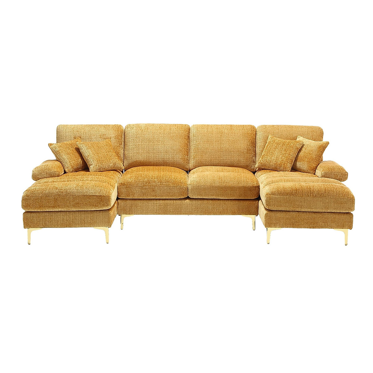 LUCKHAO Modern Large Sectional Sofa with 2 Chaises Lounges, U-Shaped Sectional Couch, Metal Legs, Comfy Deep 4 Seats Upholstered Living Room Furniture(Yellow)