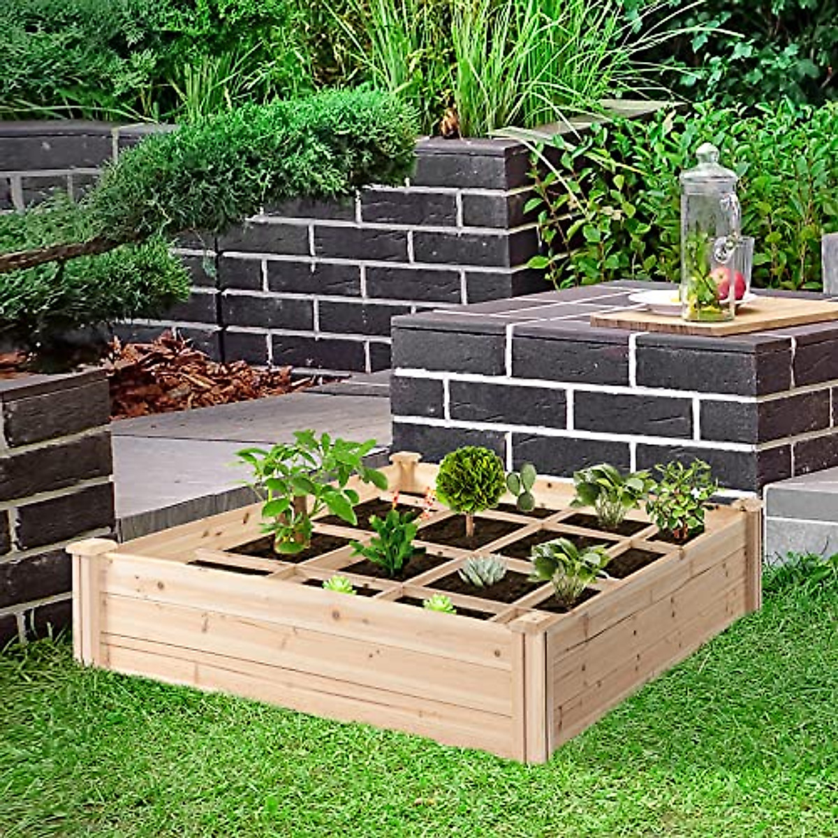 Outsunny 4ft x 4ft Raised Garden Bed, Wooden Planter Box with Segmented Growing Grid for Plants & Herbs, Natural Wood