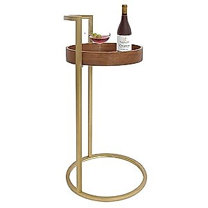 RiteSune Small Gold Round C Table with Handle, 28'' Tall Side Table Slide Under Couch with Brown Wood Top for Coffee and Snack Drink Tray