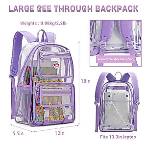 Maod Clear Backpack Stadium Approved Heavy Duty for School Women Men Large PVC Transparent Bookbags with Adjustable Shoulders (Purple)