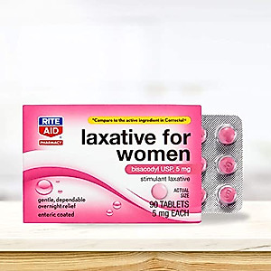 Rite Aid Women's Stimulant Laxative Tablets, Bisacodyl USP, 5 mg - 90 Count | Constipation Relief | Coated for Easy Swallowing | Laxatives for Constipation for Women | Women Health | Stool Softener
