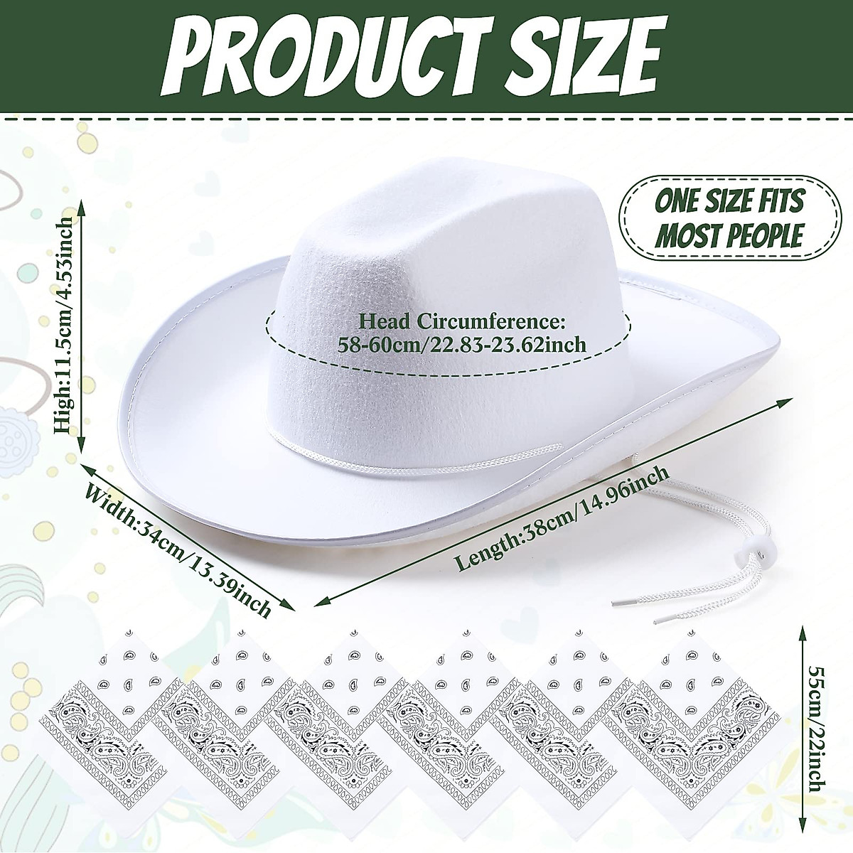 Coume 12 Pcs Adult Cowboy Hat for Women and Men Western Cowgirl Hats with Adjustable Drawstring and Cowboy Party Paisley Bandana(White), One Size