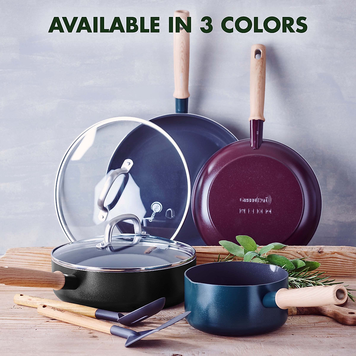 GreenPan Hudson Healthy Ceramic Nonstick, 1.75QT Saucepan Pot, Vintage Wood Inspired Handle, PFAS-Free, Dishwasher Safe, Forest Green