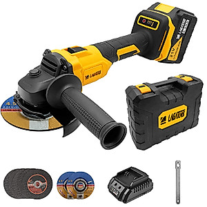 LAGATUNS Cordless Angle Grinder，Cordless Grinder w/21V 6.0Ah Li-Ion Battery & Charger,Brushless Motor, 4-1/2'' Blade, Quick-Change Wheel Guard, 2-Position Handle, Battery Grinder Tool set