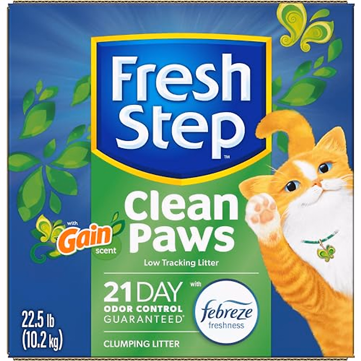 Fresh Step Clean Paws Cat Litter With Febreze Freshness With Febreze Gain Scent, Low-Tracking Clumping Litter With Guaranteed Odor Control, 22.5 lb. Box