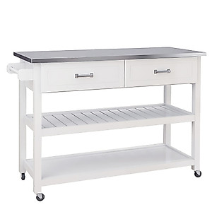 Amposei Kitchen Island 47’’ Stainless Steel Top Rolling Utility Cart on Wheels with Drawers and Storage Shelves (White)