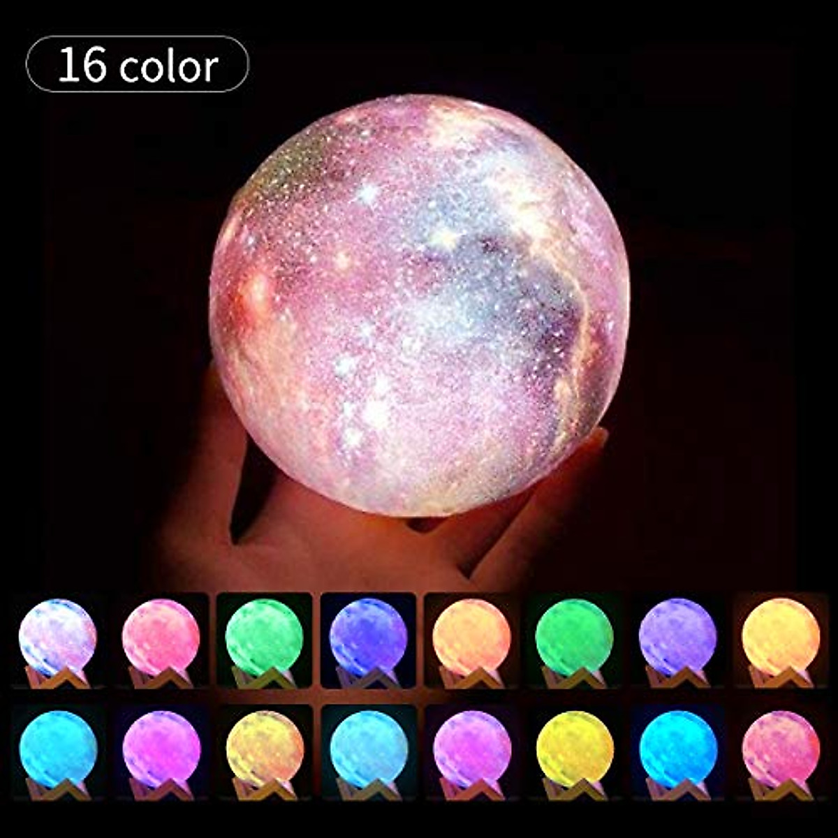 Balkwan 5.9 inch 16 Colors Moon Lamp Kids Night Light Galaxy Lamp LED 3D Star Moon Light with Wood Stand, Remote &amp; Touch Control USB Rechargeable Gift for Baby Girls Boys Birthday Women