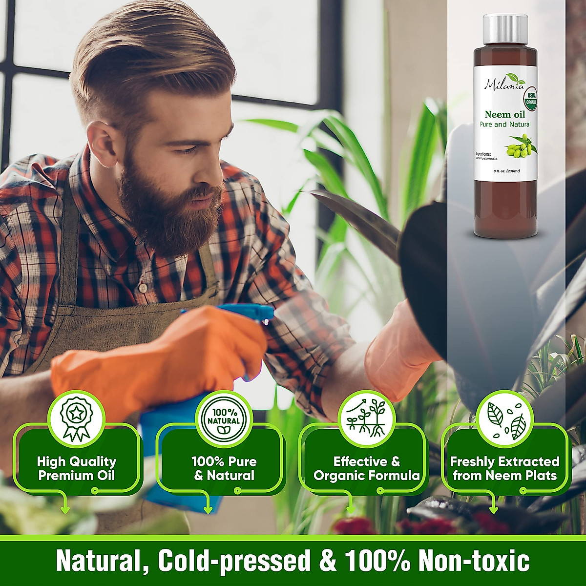 MILANIA Premium Organic Neem Oil (8 Oz.) Virgin, Cold Pressed, Unrefined 100% Pure Natural Grade A. Excellent Quality.