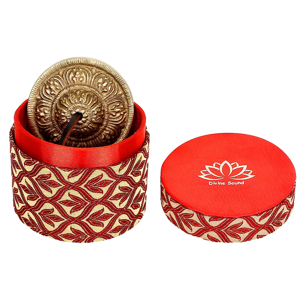 Divine Sound Tingsha Cymbals -Holy Buddha Lotus Symbol engraved Beautiful Gift Box for Meditation,Pray,Yoga,Sound healing, 7.6cm / 3" Nepal Tingsha Bell with Lather Strap Brass
