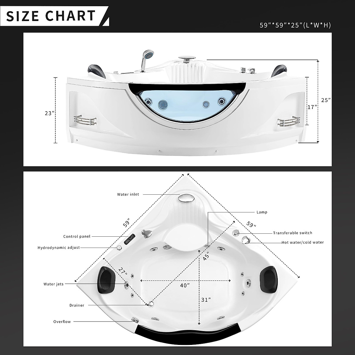 Empava Corner Whirlpool Bathtub with Heater,2 Person 59" Jetted Tub with Light,Spa Hydromassage with Chromatherapy,Acrylic,White, ETL Certified
