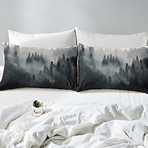 Feelyou Smoky Mountain Bedding Set for Adults Trees Natural Scenery Art Comforter Cover Set Nature Lover Gift Room Decorative Duvet Cover Foggy Scenic Bedspread Cover Queen Size 3Pcs Bedclothes