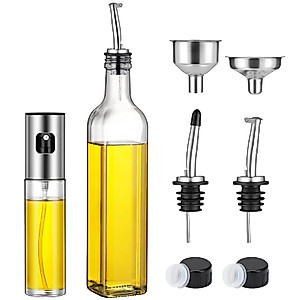 Olive Oil Dispenser 17 OZ and Oil Sprayer for Cooking - Vinegar Cruet Bottle Set for Kitchen - Glass container with Drip-Free Stainless Steel Spout - Oil Mister for Air Fryer, Salad